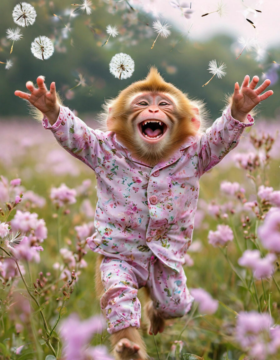 "Laughing monkey in fashionable pajamas, multi-exposure, dreamy ...