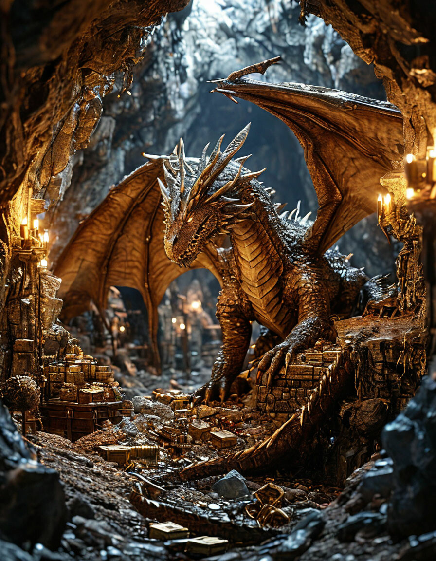 "A majestic dragon guards treasures in a cave illuminated by mystical ...