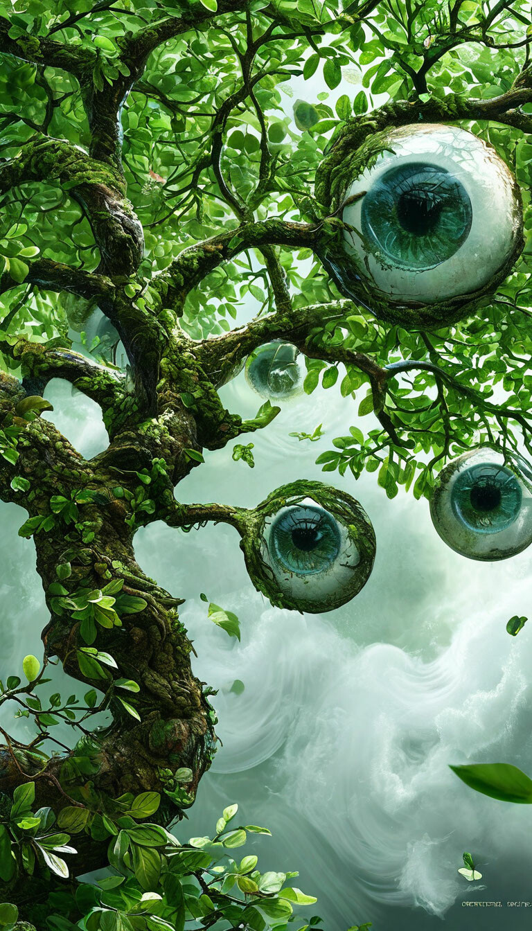 "🤍 The branch of the tree on which the eyeballs grow green leaves close ...