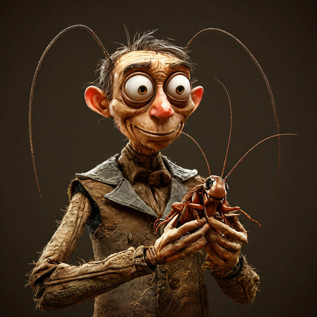 "Cockroach man holds a small toon cockroach" — image created in Shedevrum