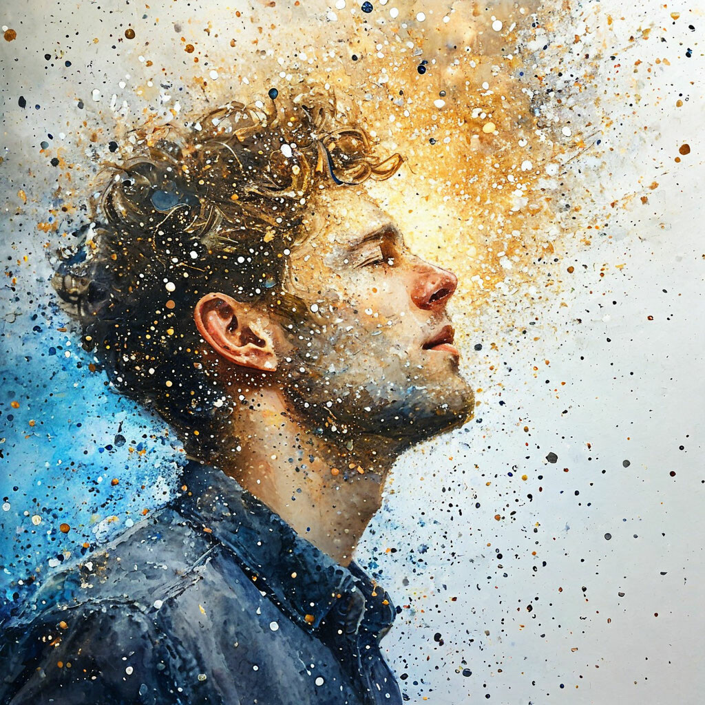 "A man who spreads into particles. …" — image created in Shedevrum