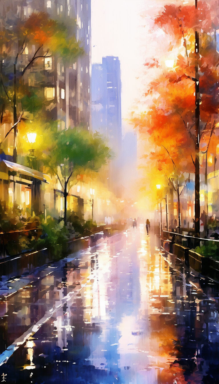 "Megapolis morning spring rain in the watercolor style Ling Ching Che ...