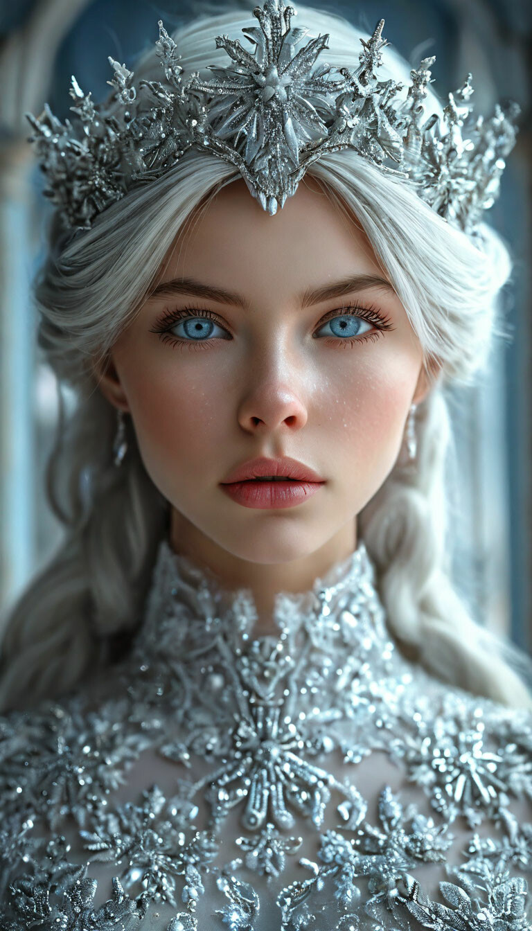"Snow queen girl, snowflake eyes, ice skin, snow white hair, ice ...