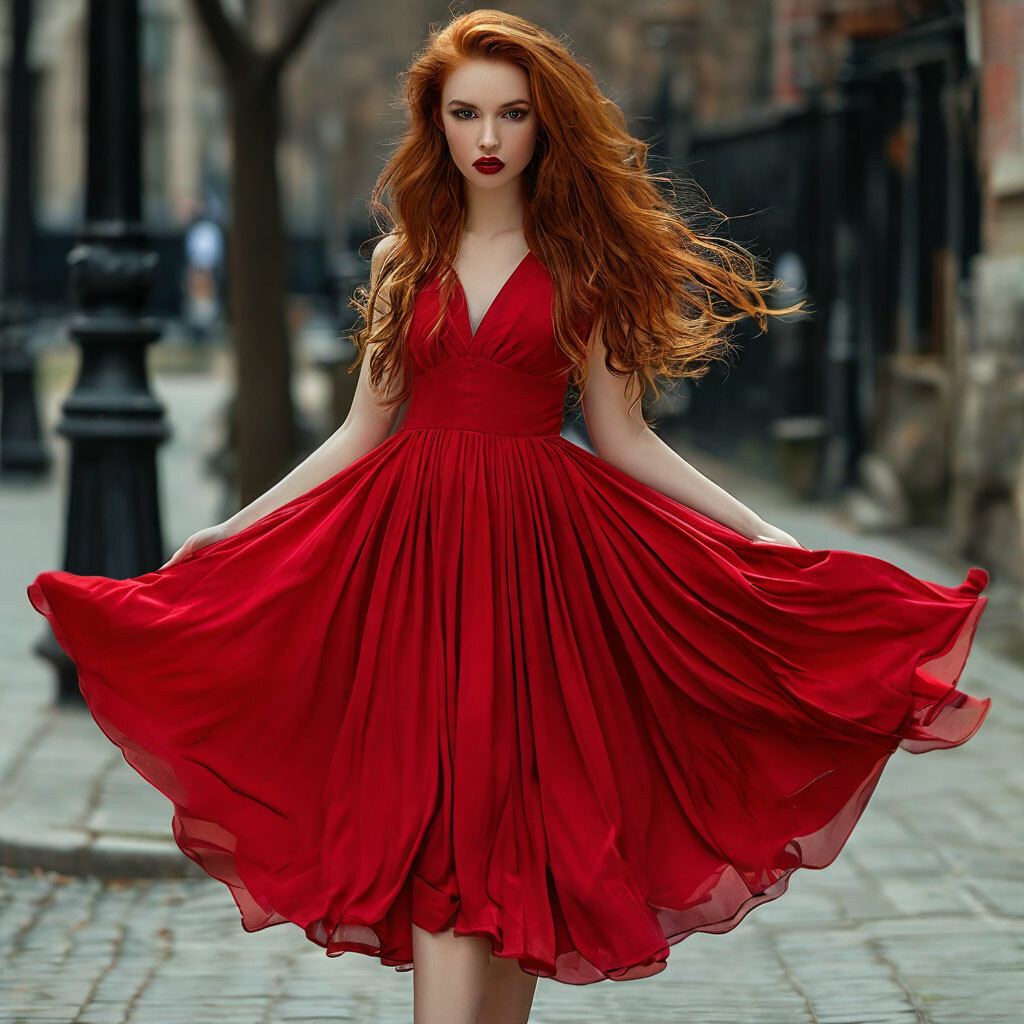 "Pretty girl with ordinary red hair long red dresses and black heels ...