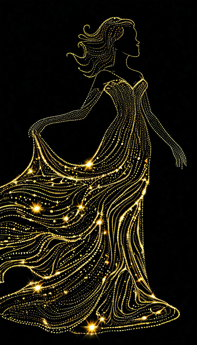 "Vector, stencil outline, diva in a long gold leaf dress with a train ...