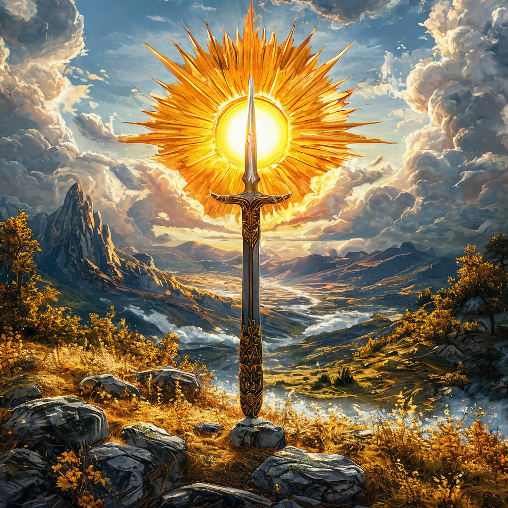 "Sword and sun, aesthetic, beautiful, realistic, high resolution, high ...