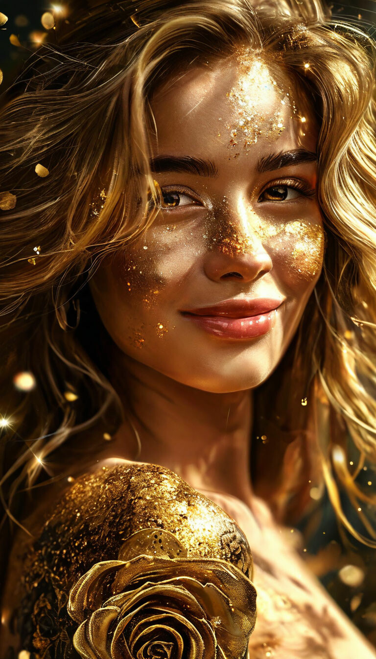 "🎨🖌️ portrait of a half-turn woman, beautiful, golden face. smile ...