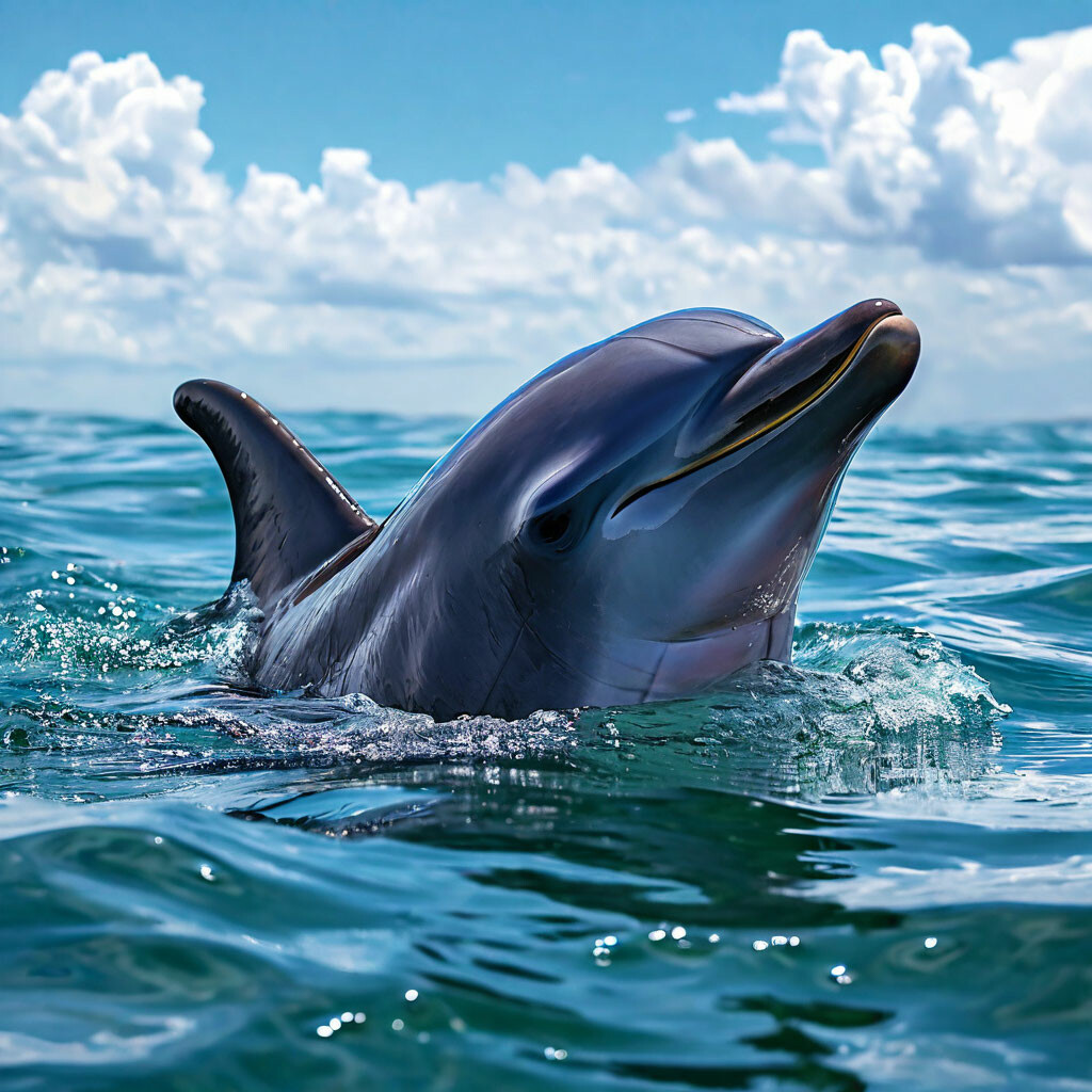 "A dolphin looks out of the ocean into the camera. Detailed ...