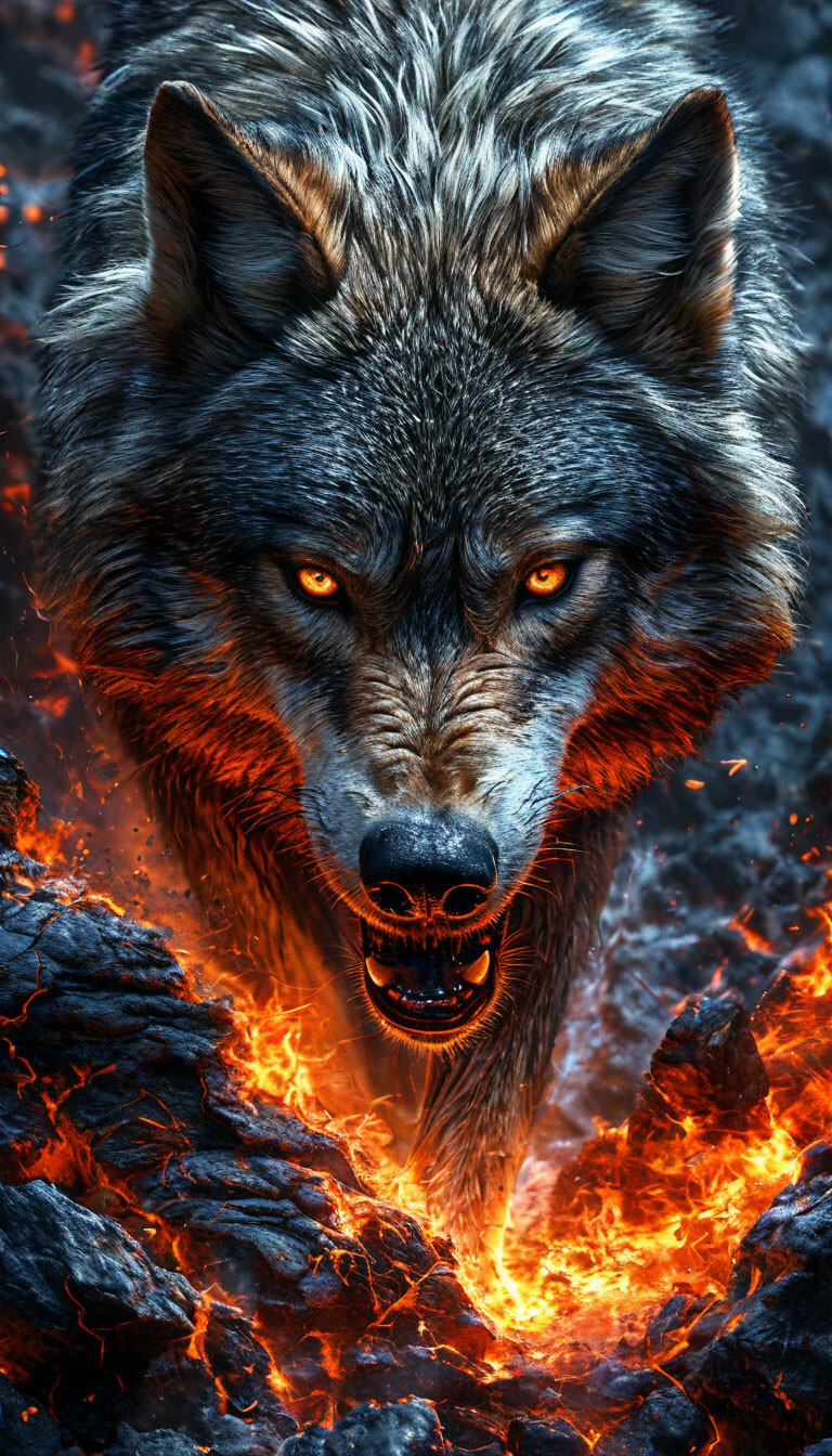 "Style fantasy/detailed wolf demon emerges from the crack of a volcanic ...