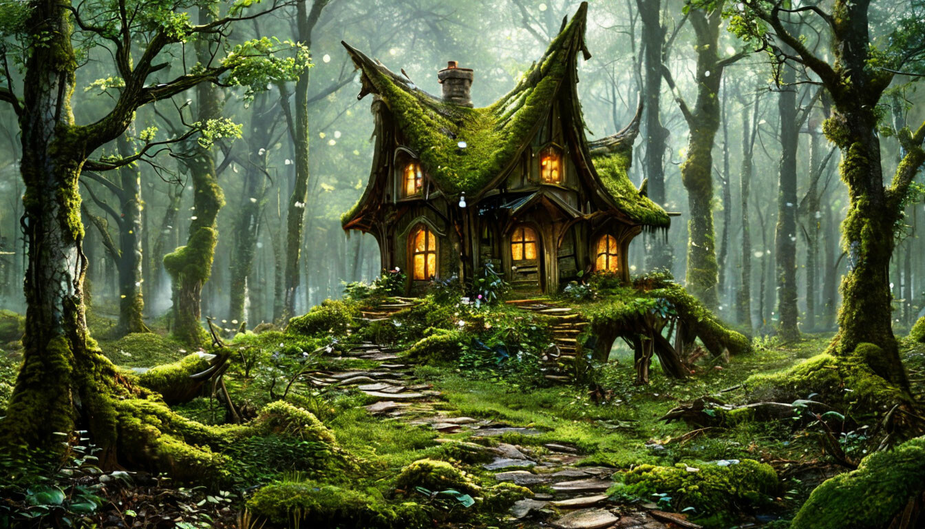 "Fairy forest, hut on chicken legs, moss, radiance, fantasy, beauty" — image created in Shedevrum