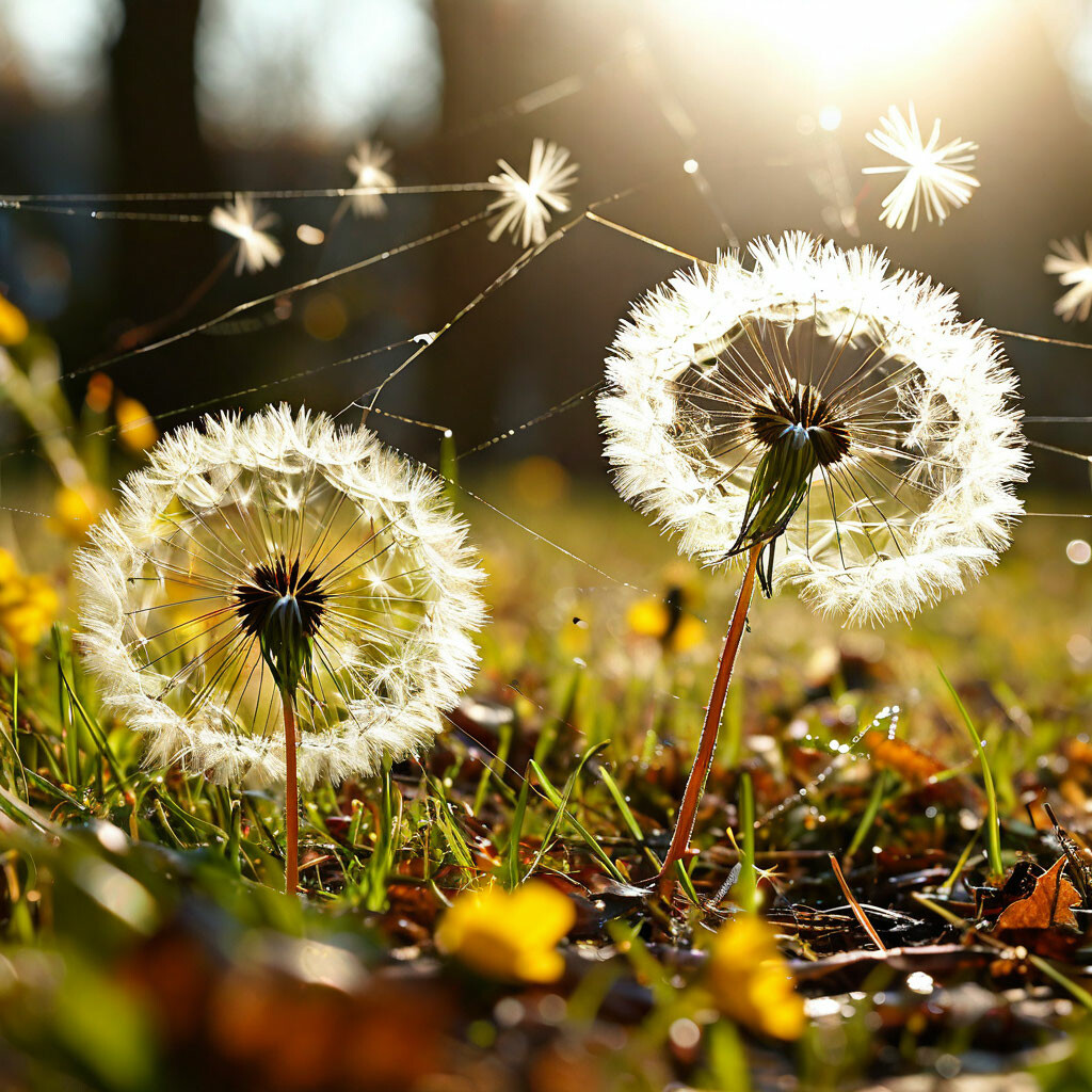 "Dandelion fluff .which is flying and crashed into a spider web and the ...