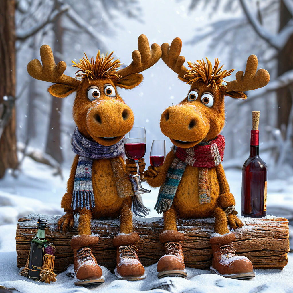 "Two funny creepy goofy Pixar moose with shaggy forelocks, crazy eyes ...