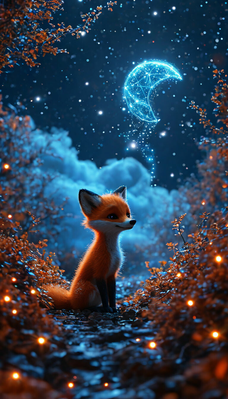 "Little Fox looks longingly at the night sky. There is a silhouette of ...