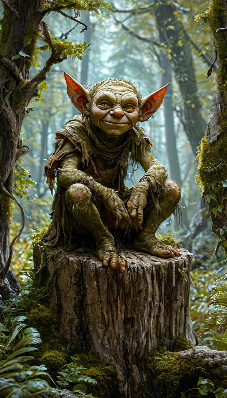 "A fabulous forest, a goblin is sitting on a stump" — image created in ...