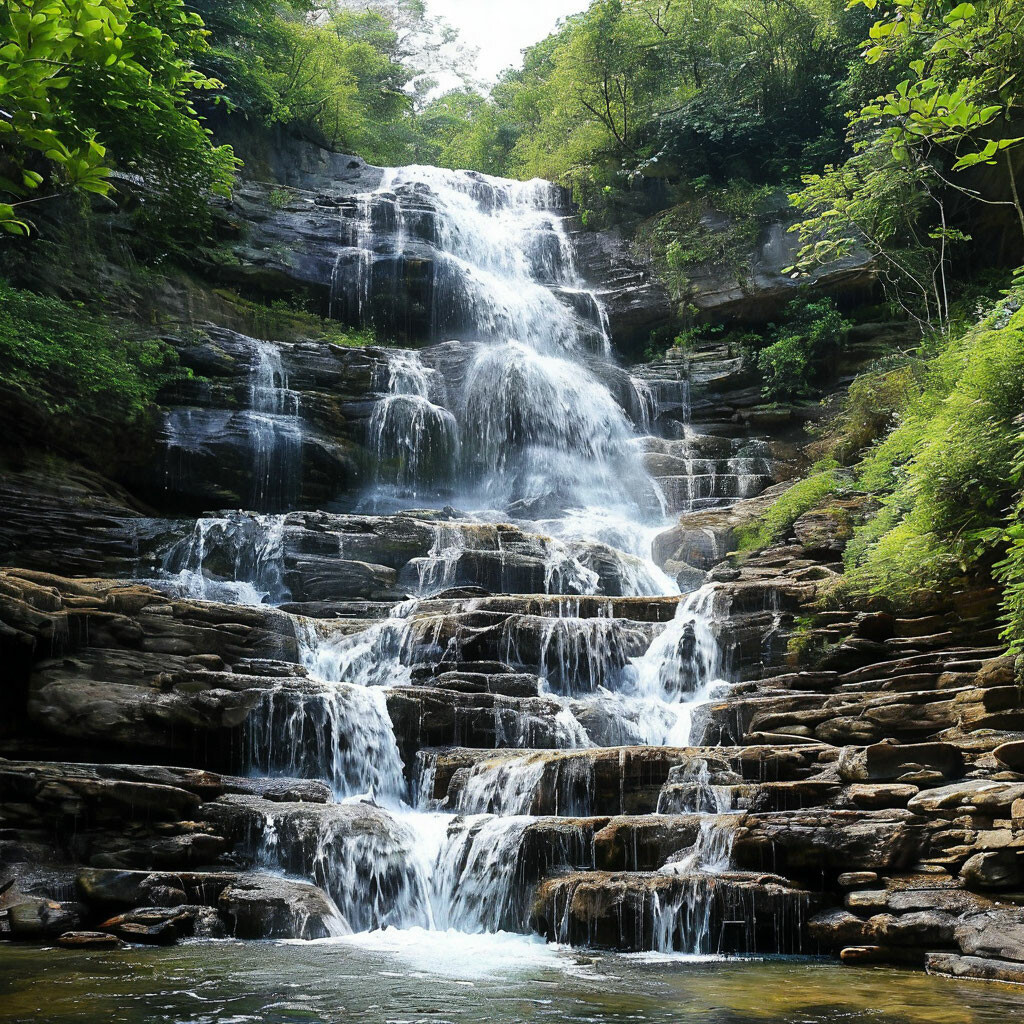 "A multi-tiered waterfall of unreal beauty" — image created in Shedevrum