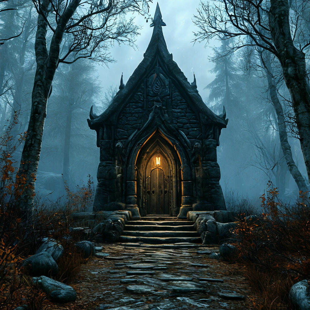 "Fantasy, Skyrim entrance to a cursed dark crypt in a dark lifeless ...
