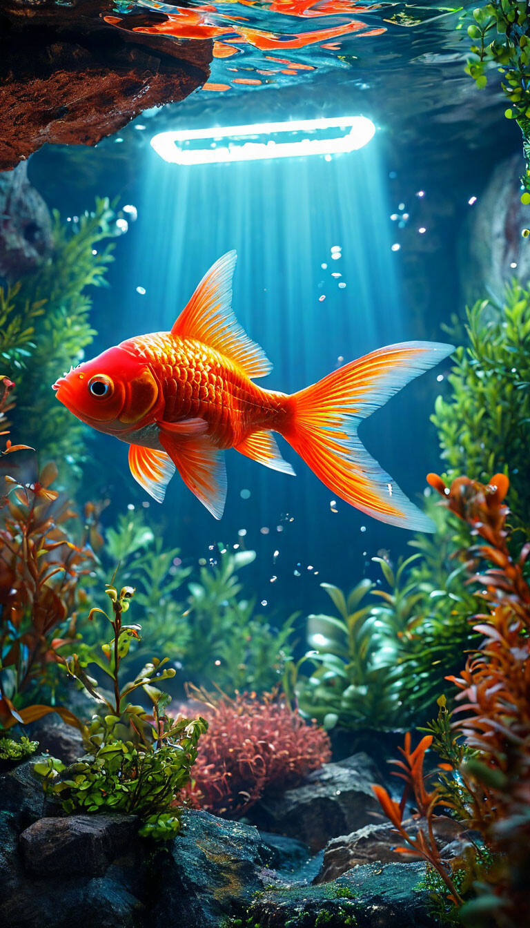 "Fantasy art goldfish in a crystal aquarium with algae background room ...