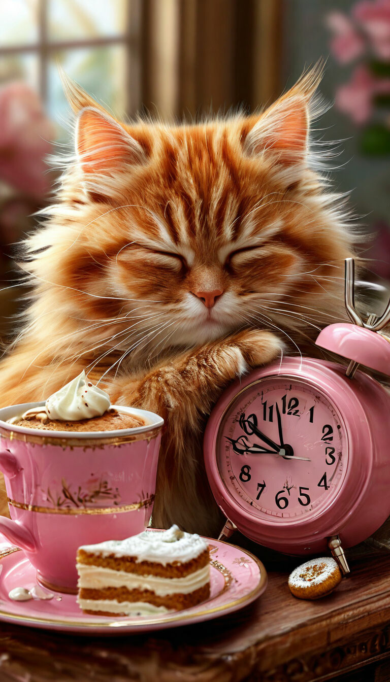 "Cute little red-haired cat,fluffy,sleeping on the alarm clock,hugging ...