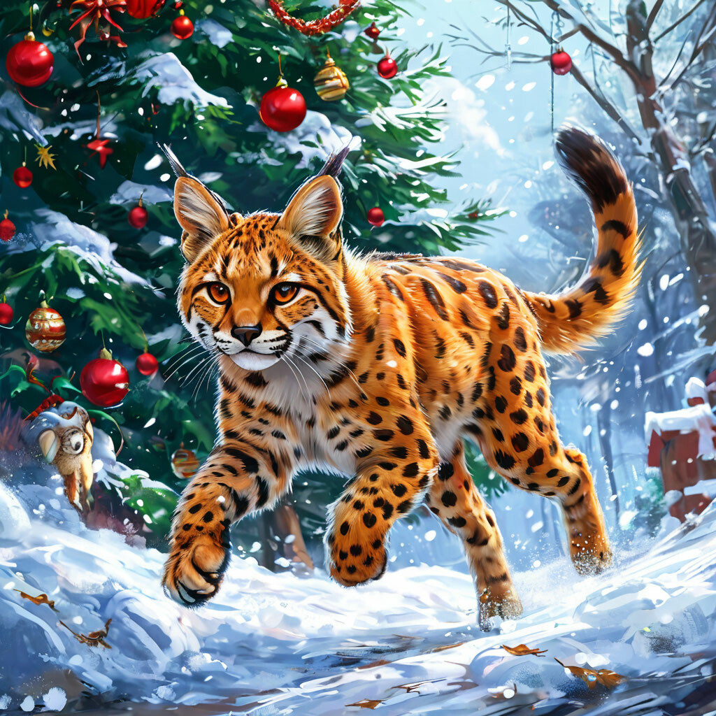 "Fly Serval in the snow runs to the Christmas tree cartoon anime style ...