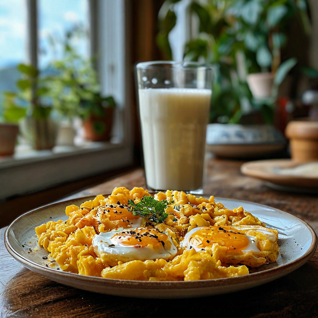 "A glass of milk , scrambled eggs , …" — image created in Shedevrum