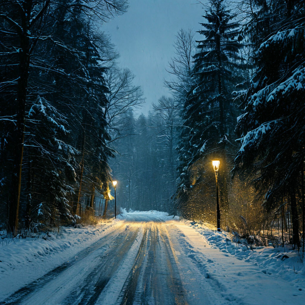 "Pitch darkness, street lamp, in the …" — image created in Shedevrum