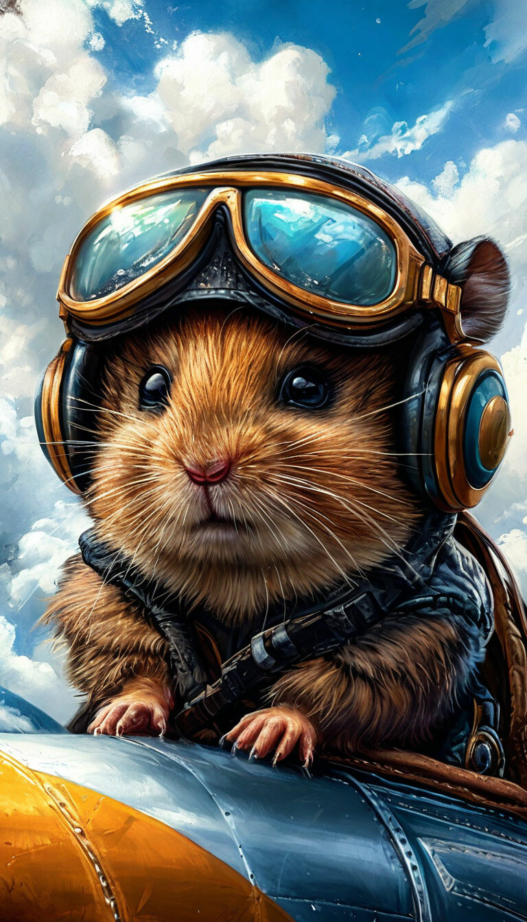 "Close-up, cute black hamster in a pilot helmet and glasses, sitting ...