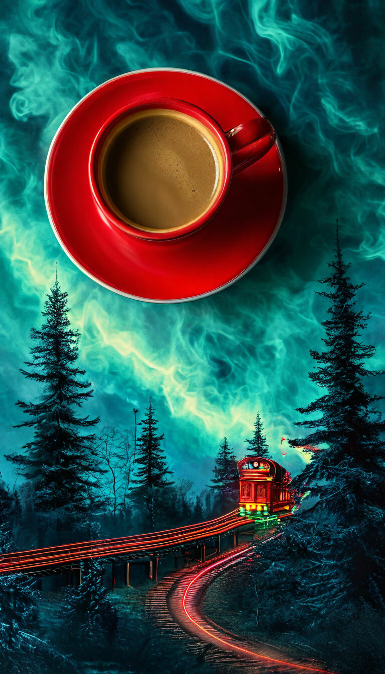 "Good morning minimalism,pop art, surrealism top view a red cup of ...