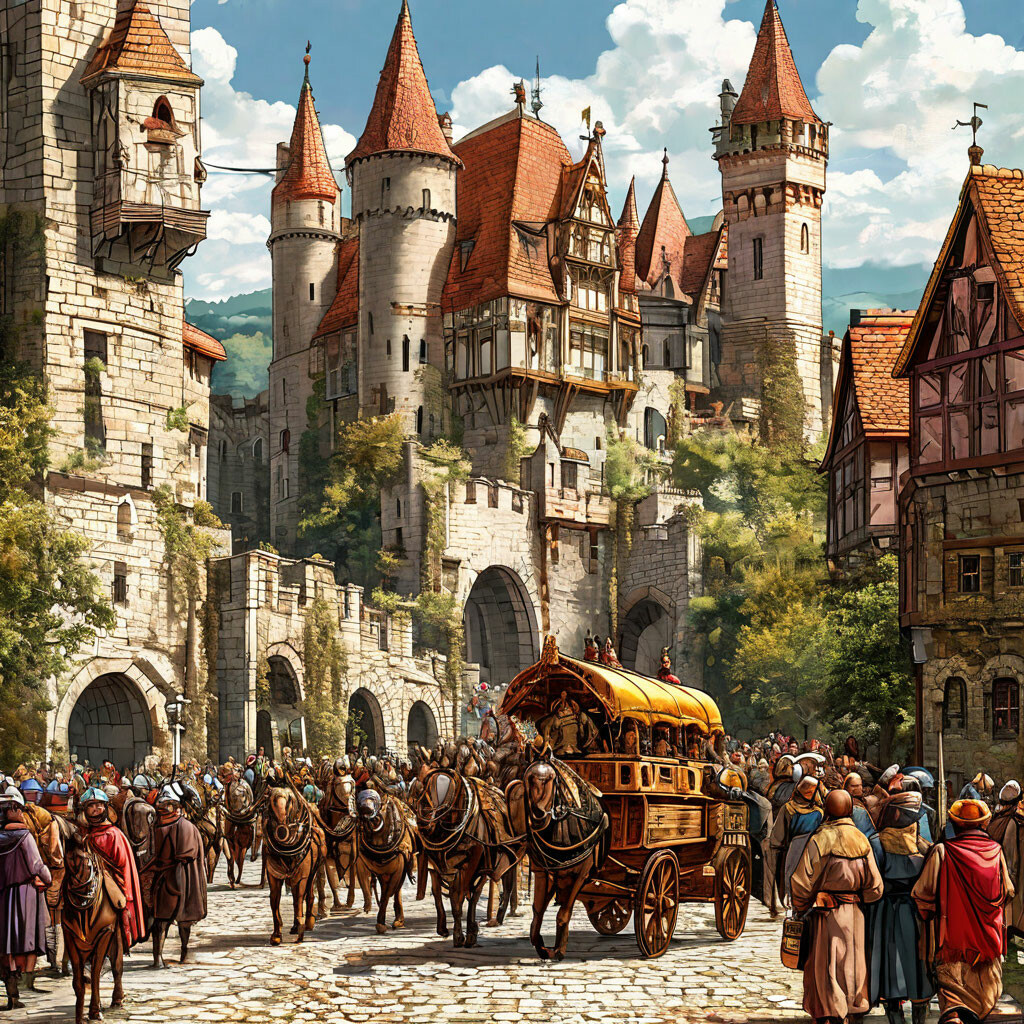 "A merchant caravan enters the gates of the city in the late Middle ...