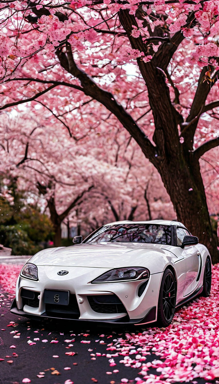 "Toyota supra white stands under a tree with a lot of pink and white ...