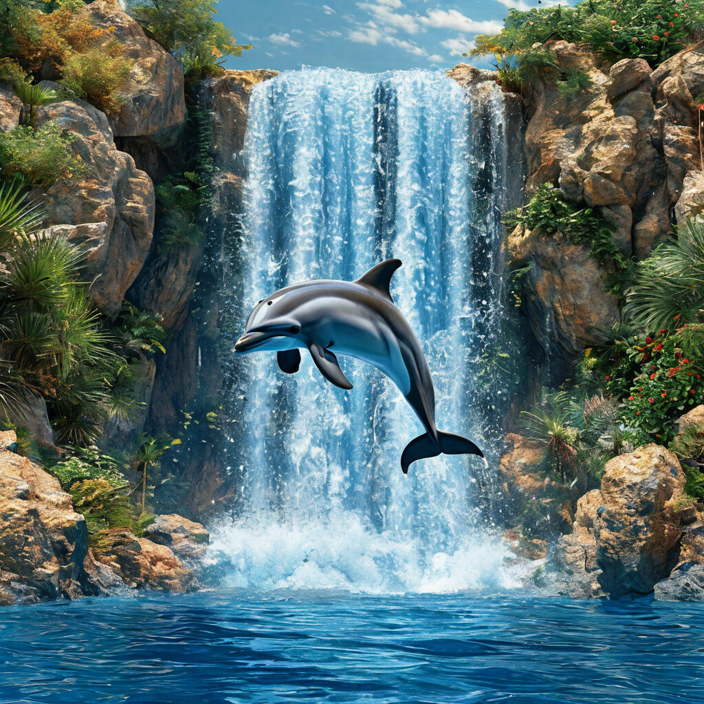 «Дельфин в водопаде летит вниз» — картинка создана в Шедевруме