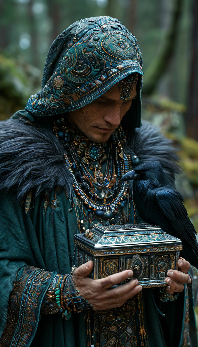 ". Norwegian shaman and baby casket …" — image created in Shedevrum