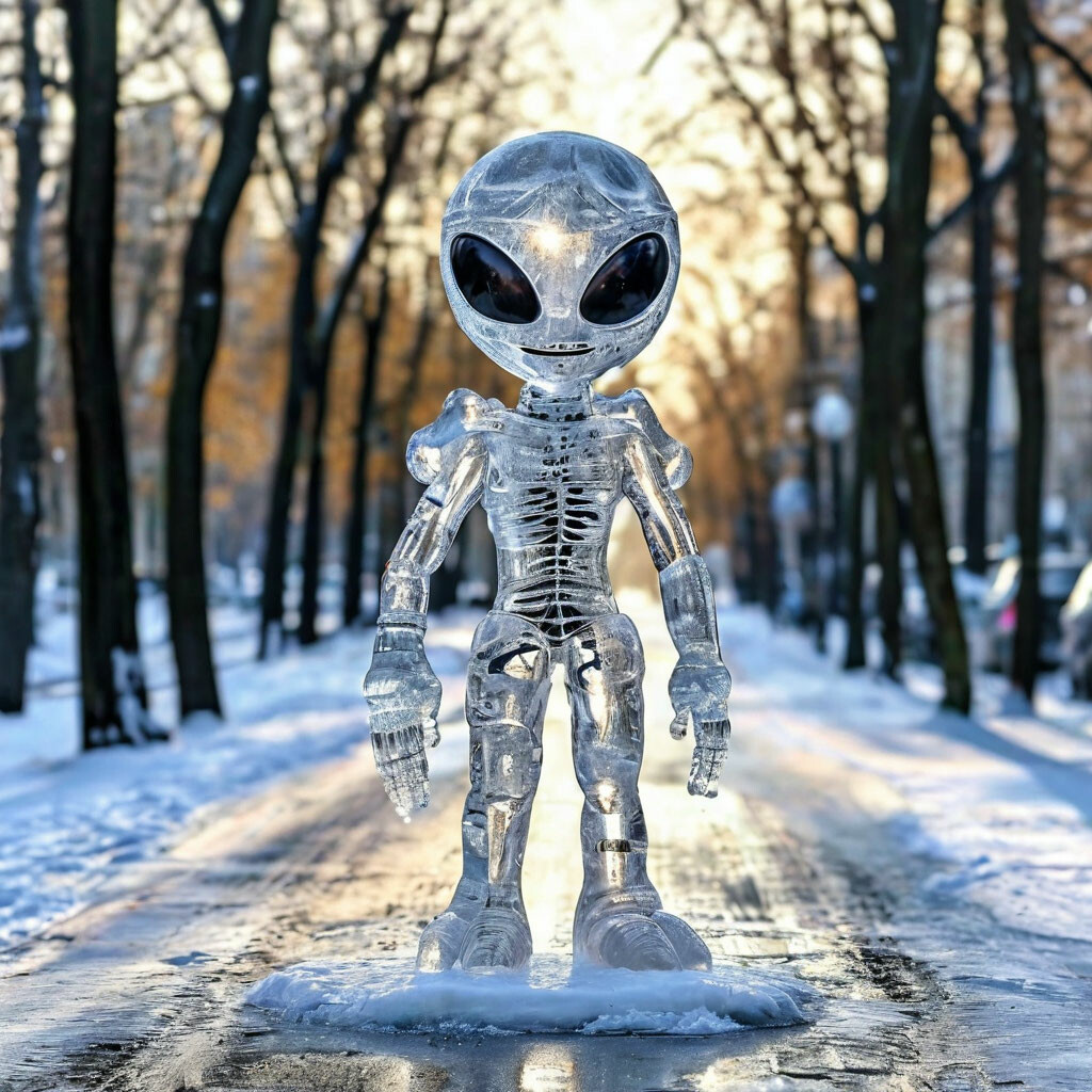 "Winter. An ice figure of an alien …" — image created in Shedevrum