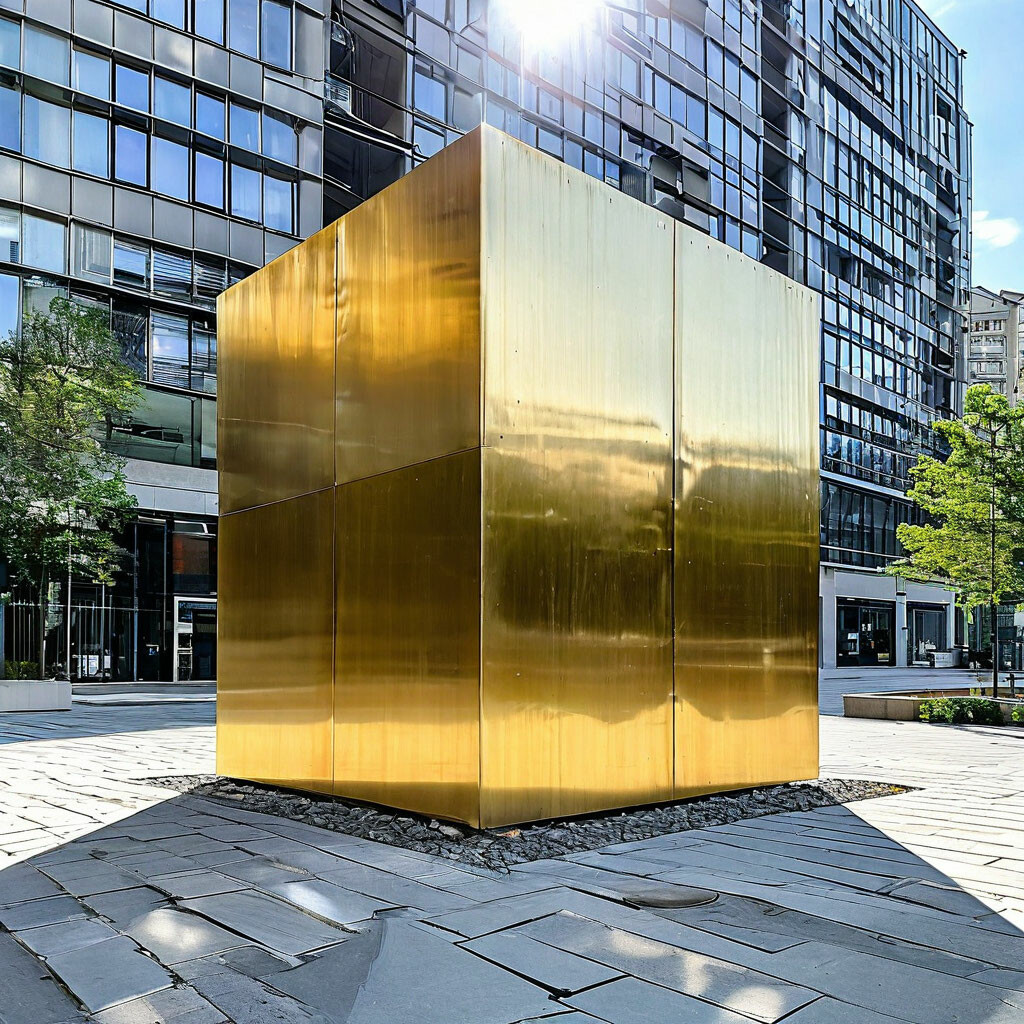 "Draw a large brass cube in the …" — image created in Shedevrum