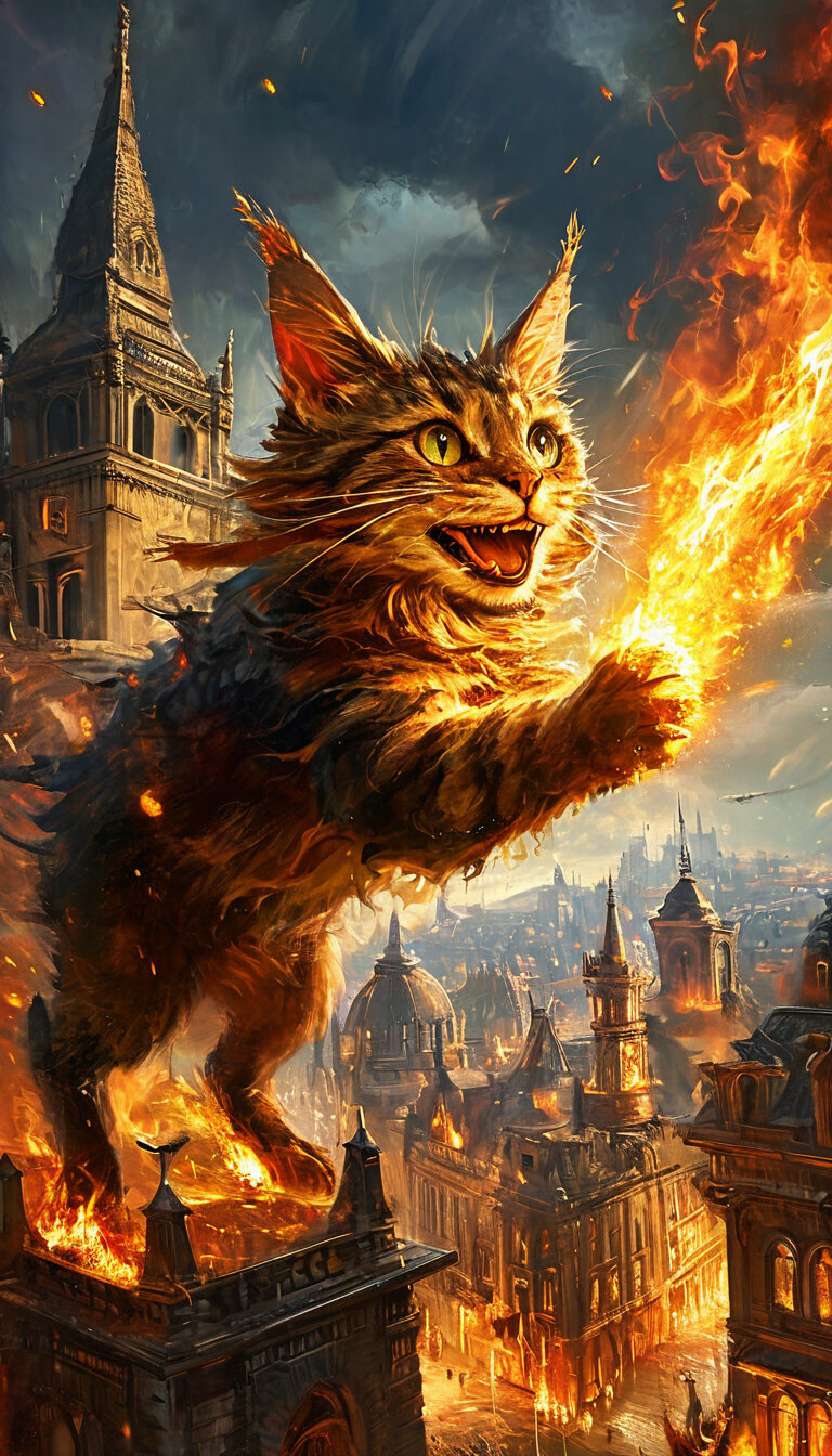 "🐉 The dragon cat, a fire-breathing cat, hovers over the city, fire ...
