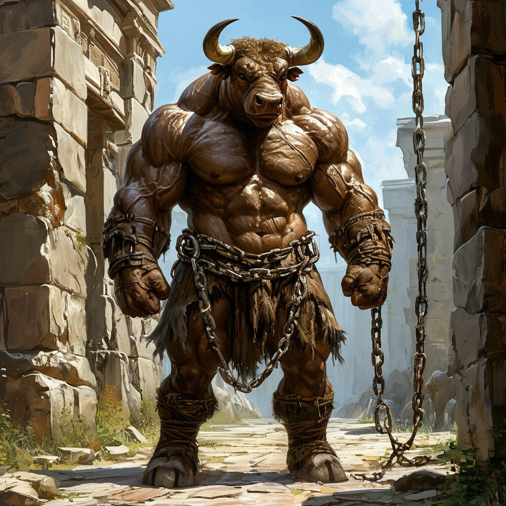 "Bull,minotaur,in chains, pumped up massive brutal,handsome tall ...