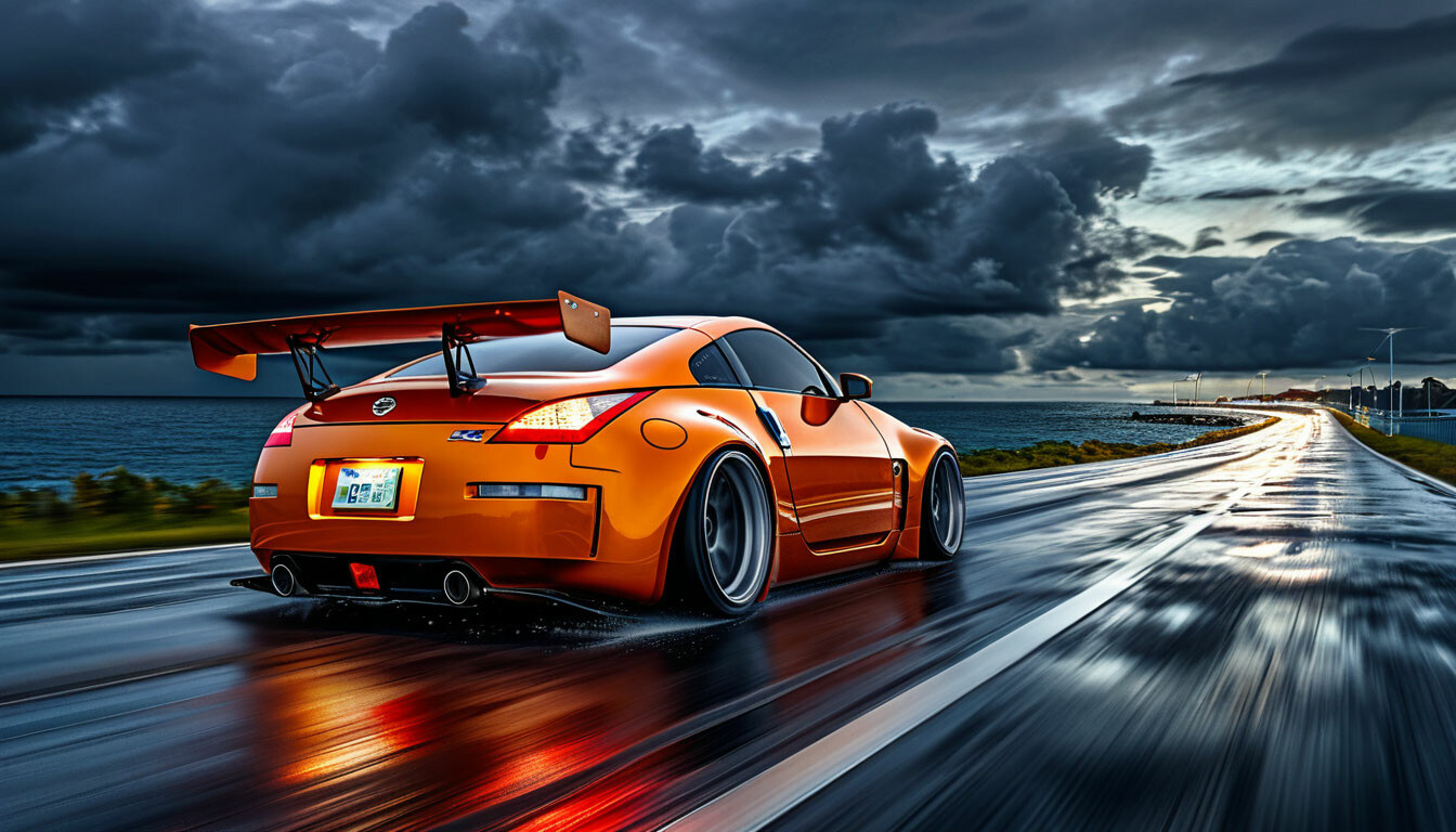 "A 2004 Nissan 350Z in metallic orange is racing along an empty night ...