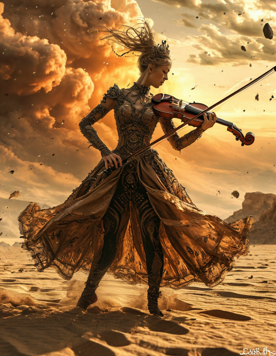 "🔸 Daria B. Surrealism rusty cyborg, ballerina, full body plays music ...