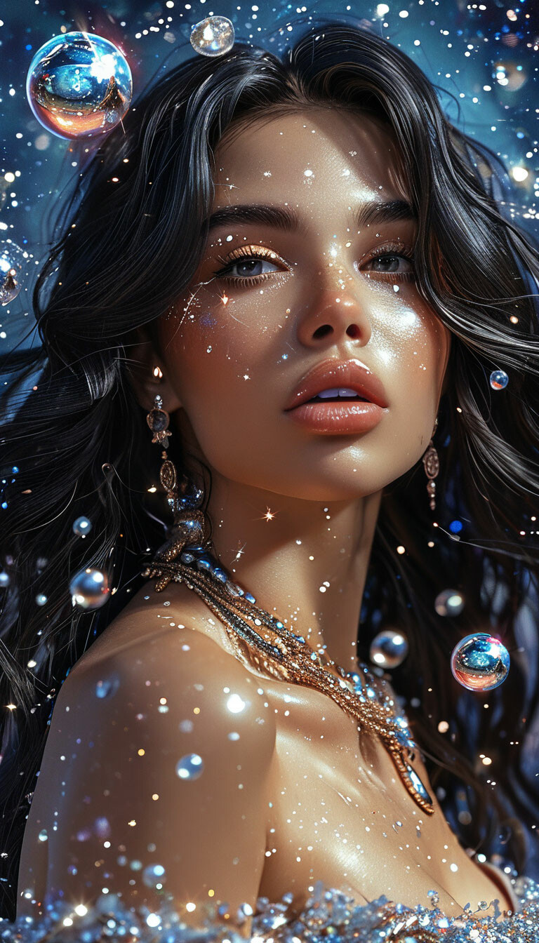 " illustration,space,double exposure, girl, long dark hair,shiny nickel lips, shimmer ...