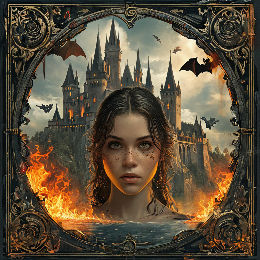 "Book cover, double exposure depicting a girl and a castle on fire with ...