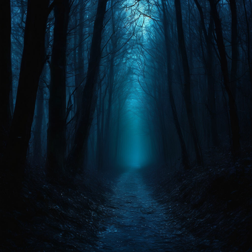 "Gloomy forest, narrow path, flanked by trees, night, pitch darkness ...
