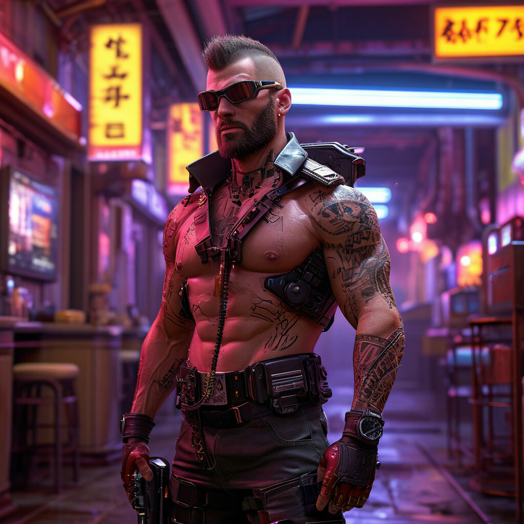 "Cyberpunk,security guard, full-length,side camera,pumped-up body ...