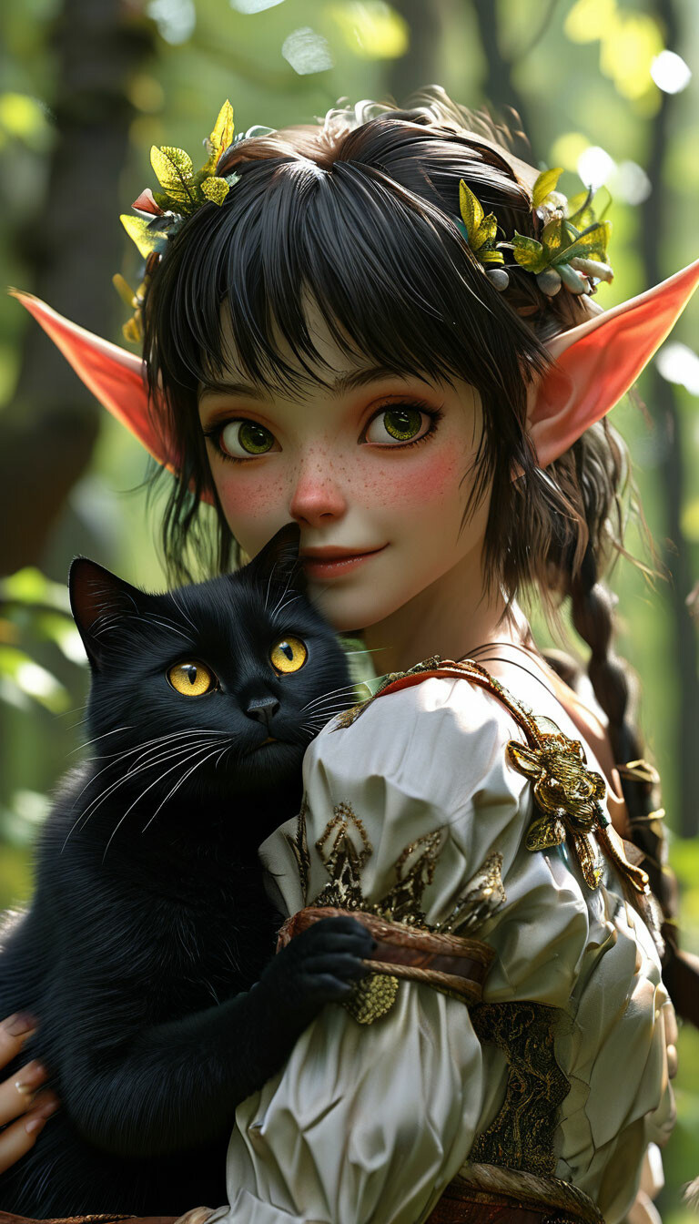 "Chica elfa, sonriendo, sosteniendo …" — imagen creada en Shedevrum