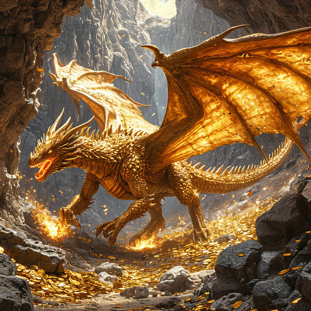 «Giant, winged, mighty golden dragon Smaug spews fire and flame on ...