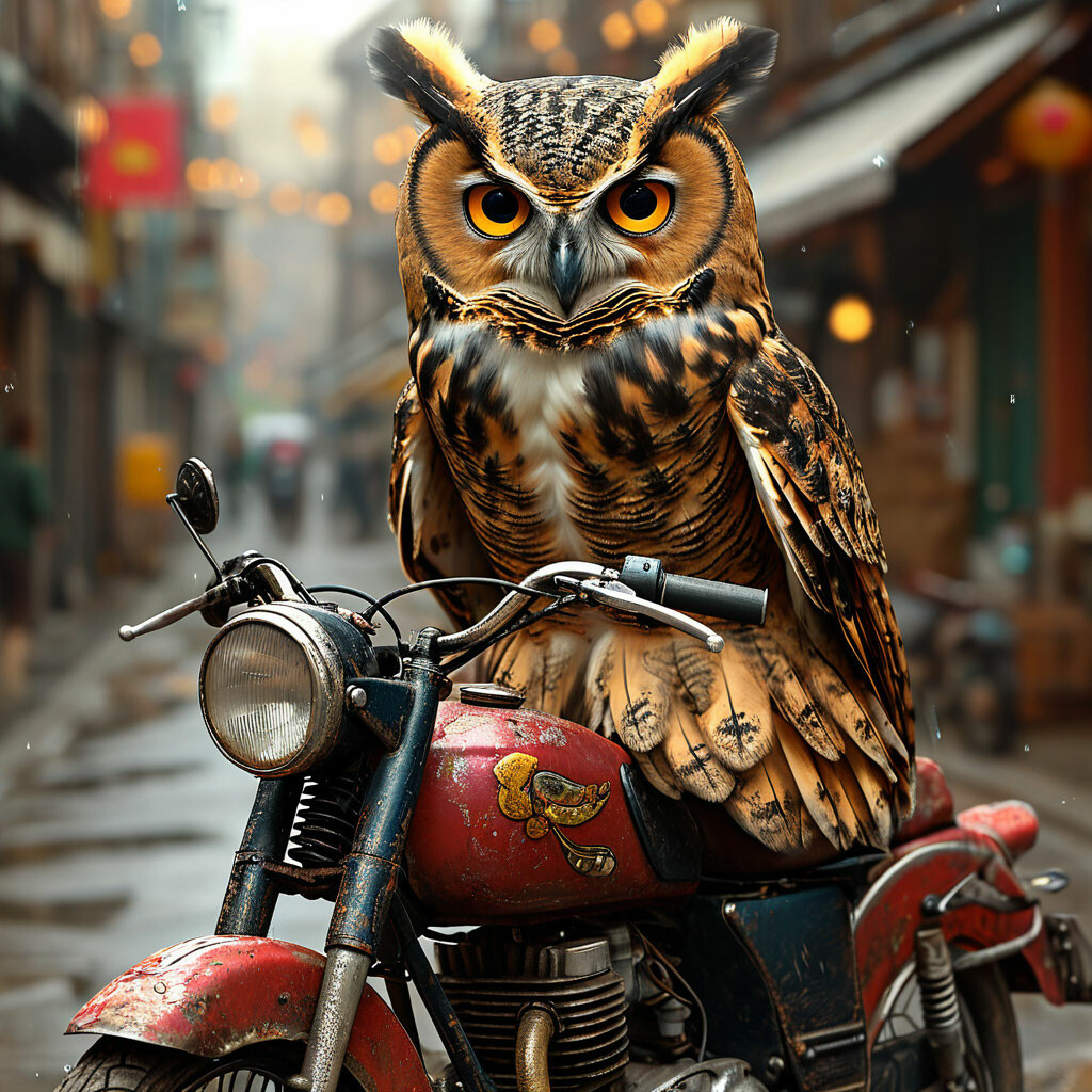 "Owl in a dress on a motorcycle" — image created in Shedevrum
