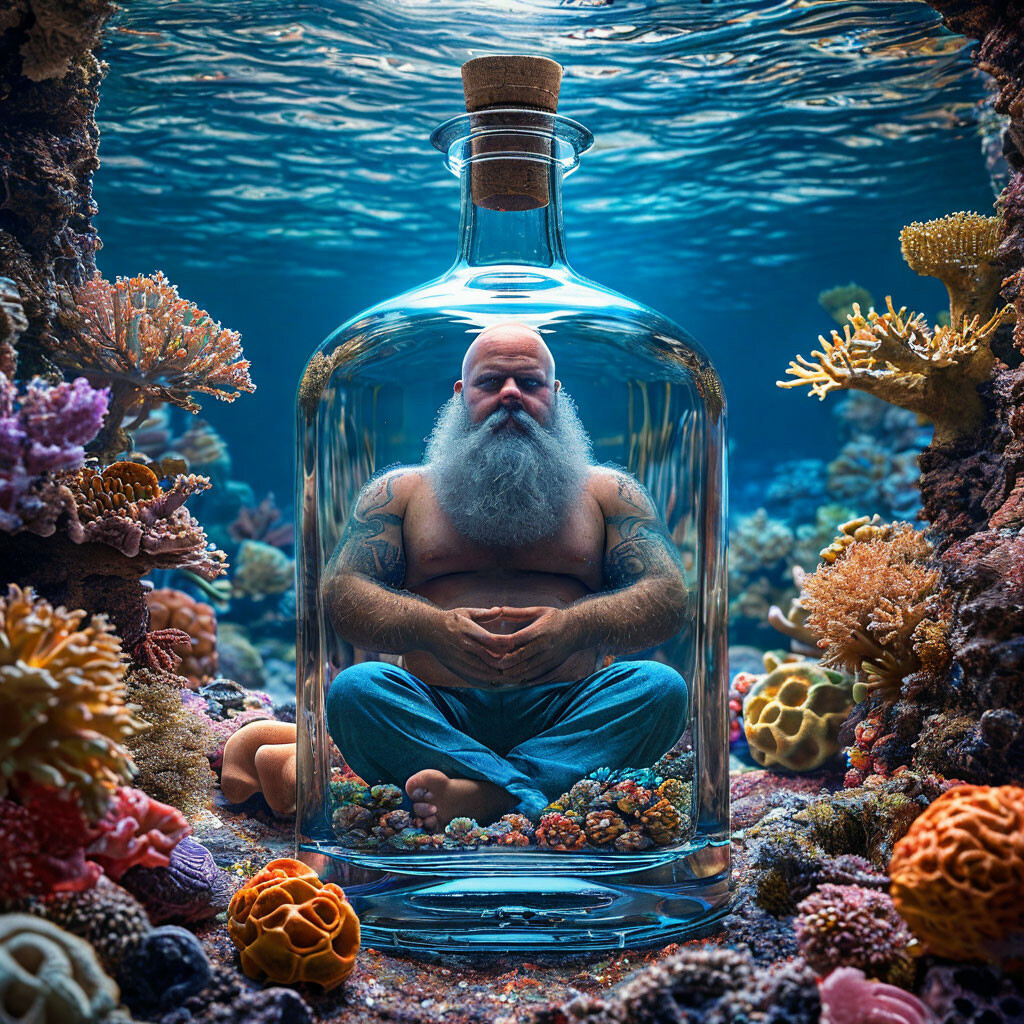 "A man inside a glass bottle at the bottom of the sea on a coral reef ...