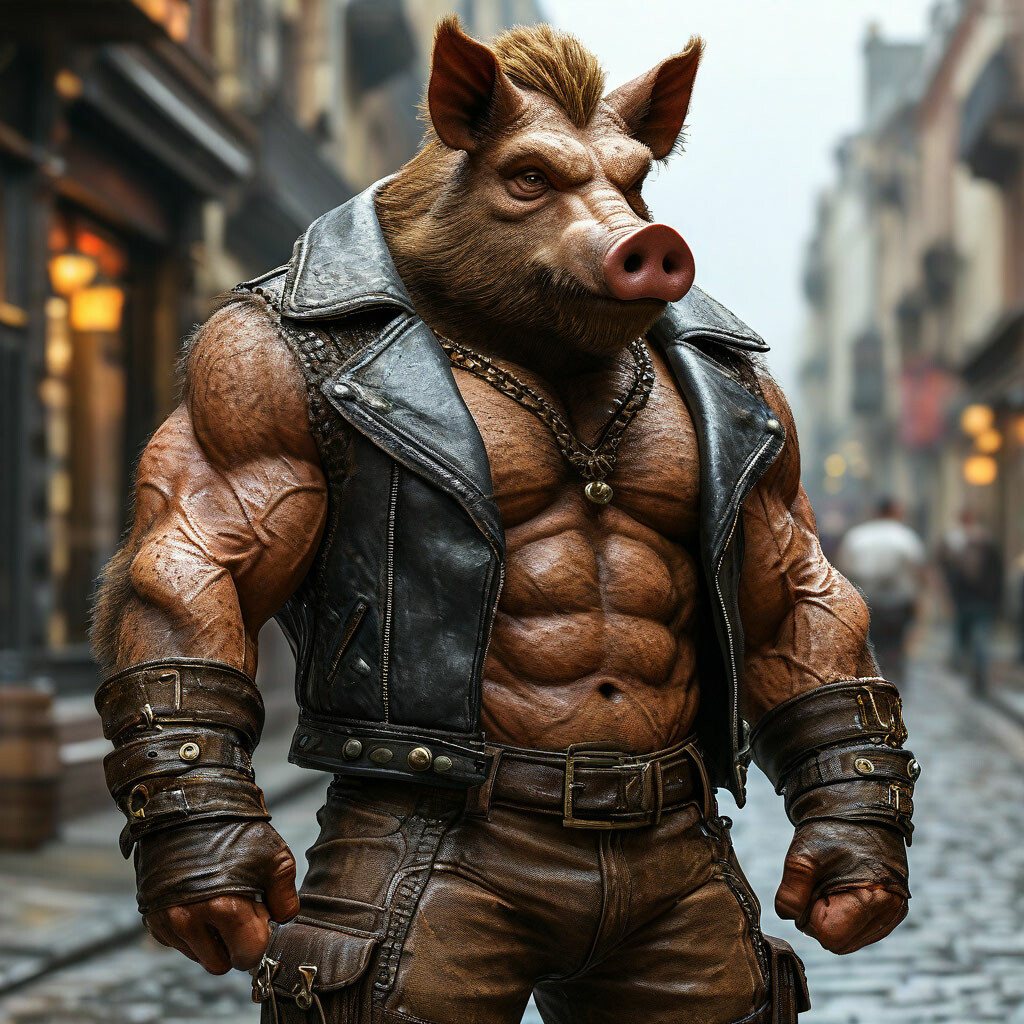 "Bebop Anthropomorphic boar, bodybuilder, in leather pants" — image ...