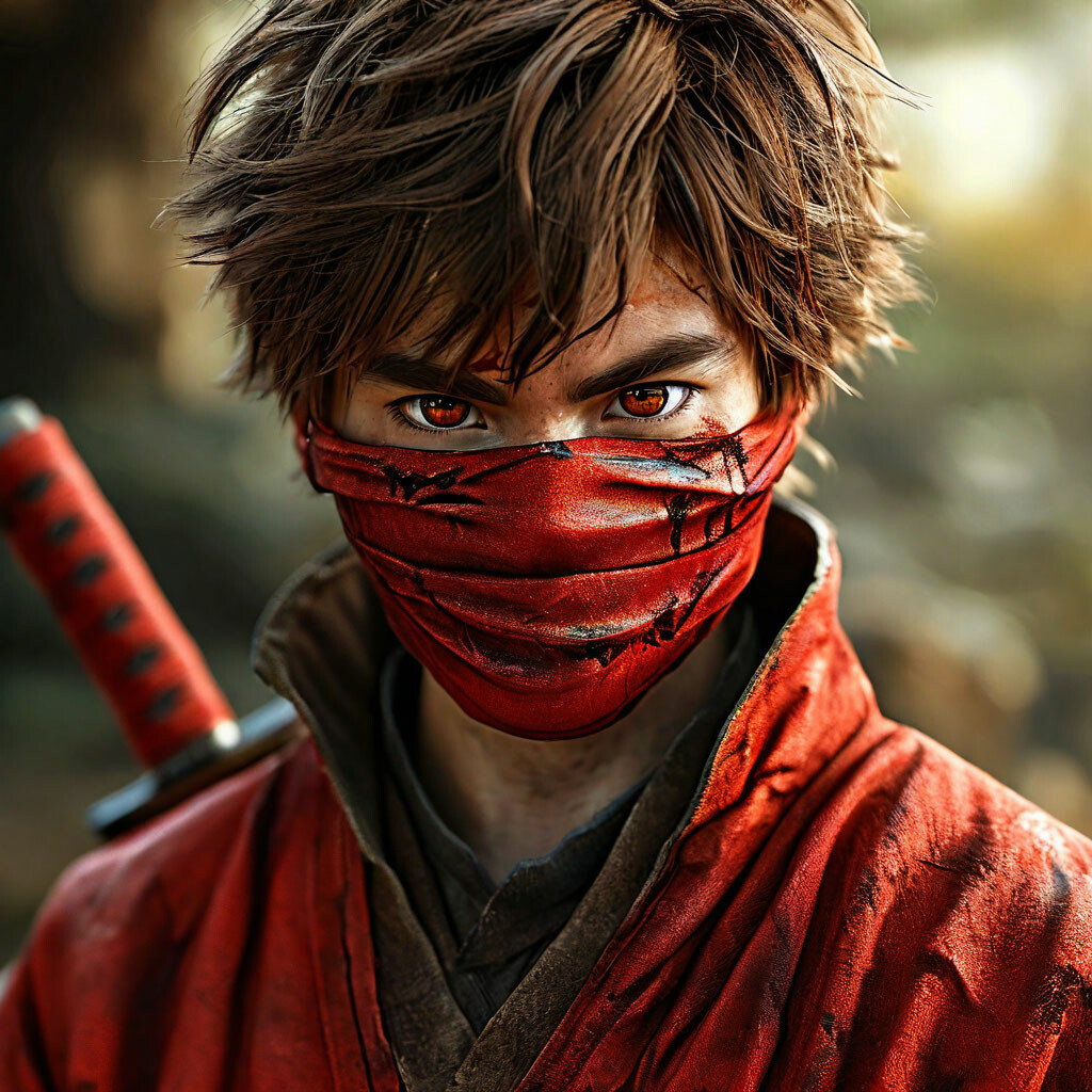"Kai is a red ninja without a mask with brown hair and a scar on his ...