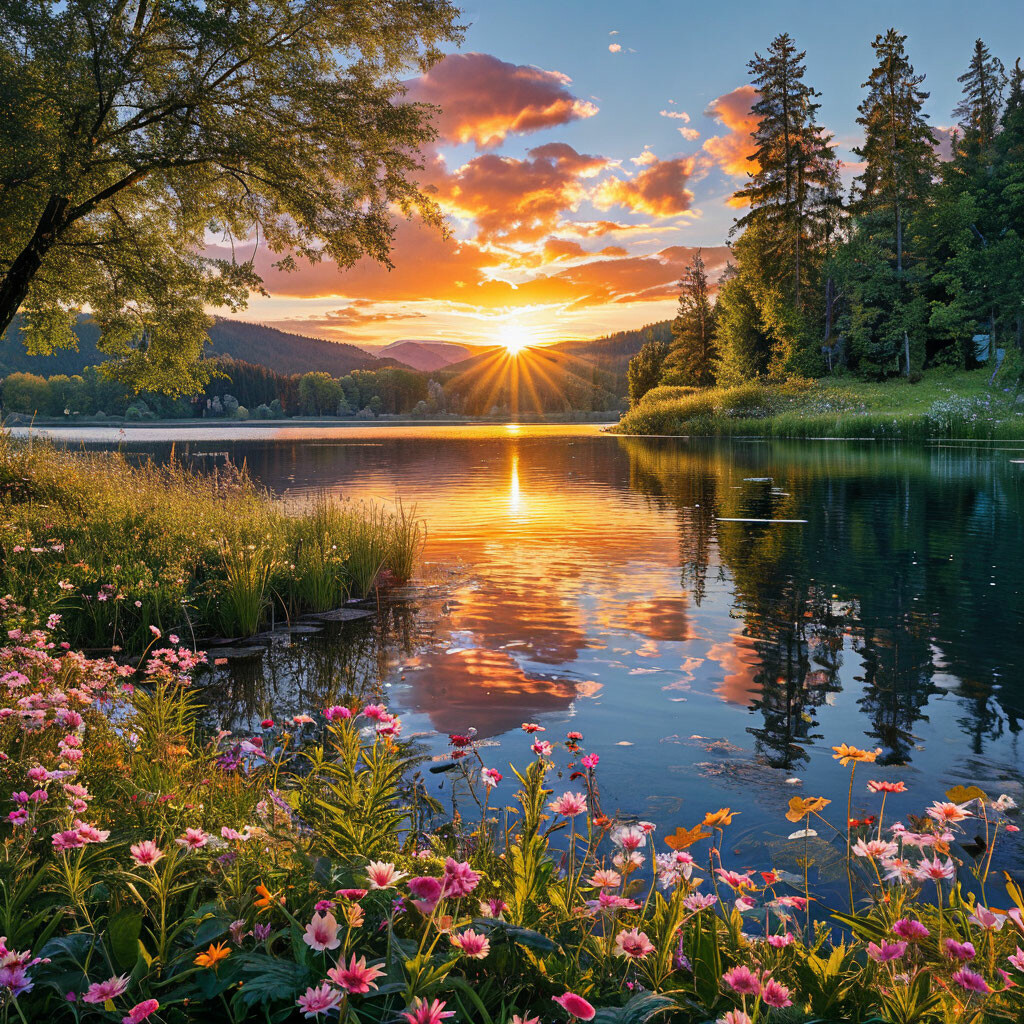 "The most soulful bright sunset, nature, flowers, greenery, grass, lake ...