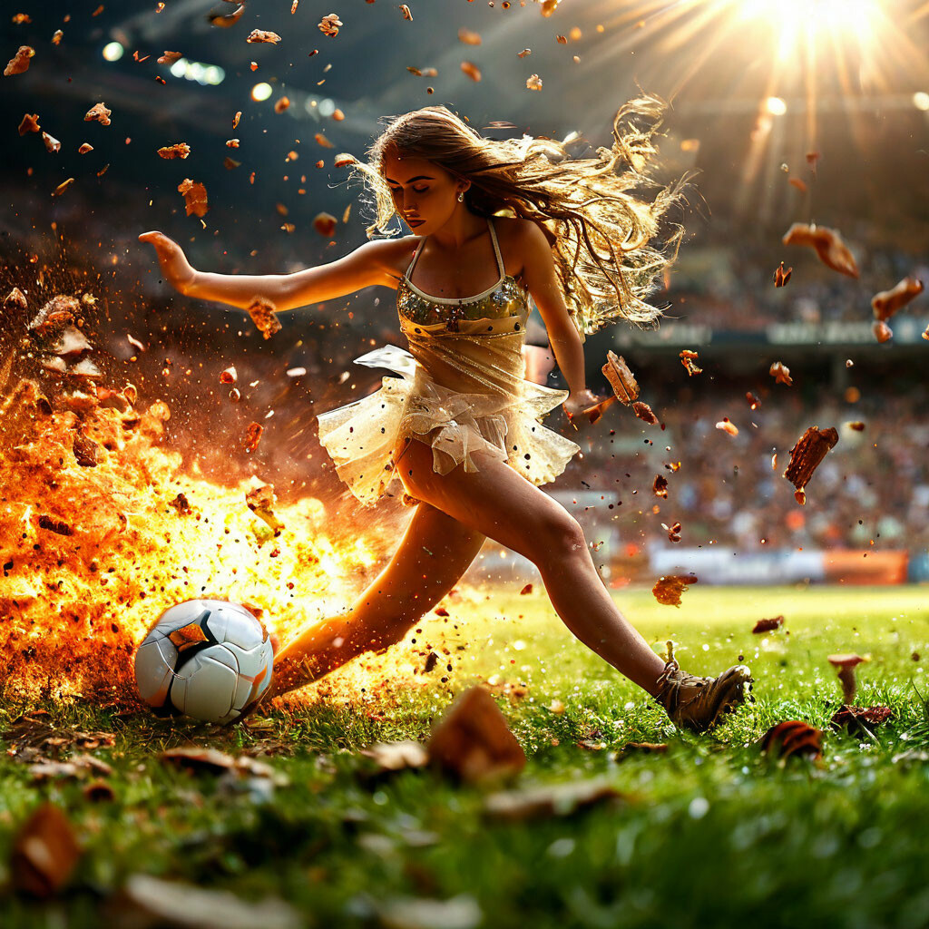 "A football field, a ball falls on the grass, an explosion from under ...