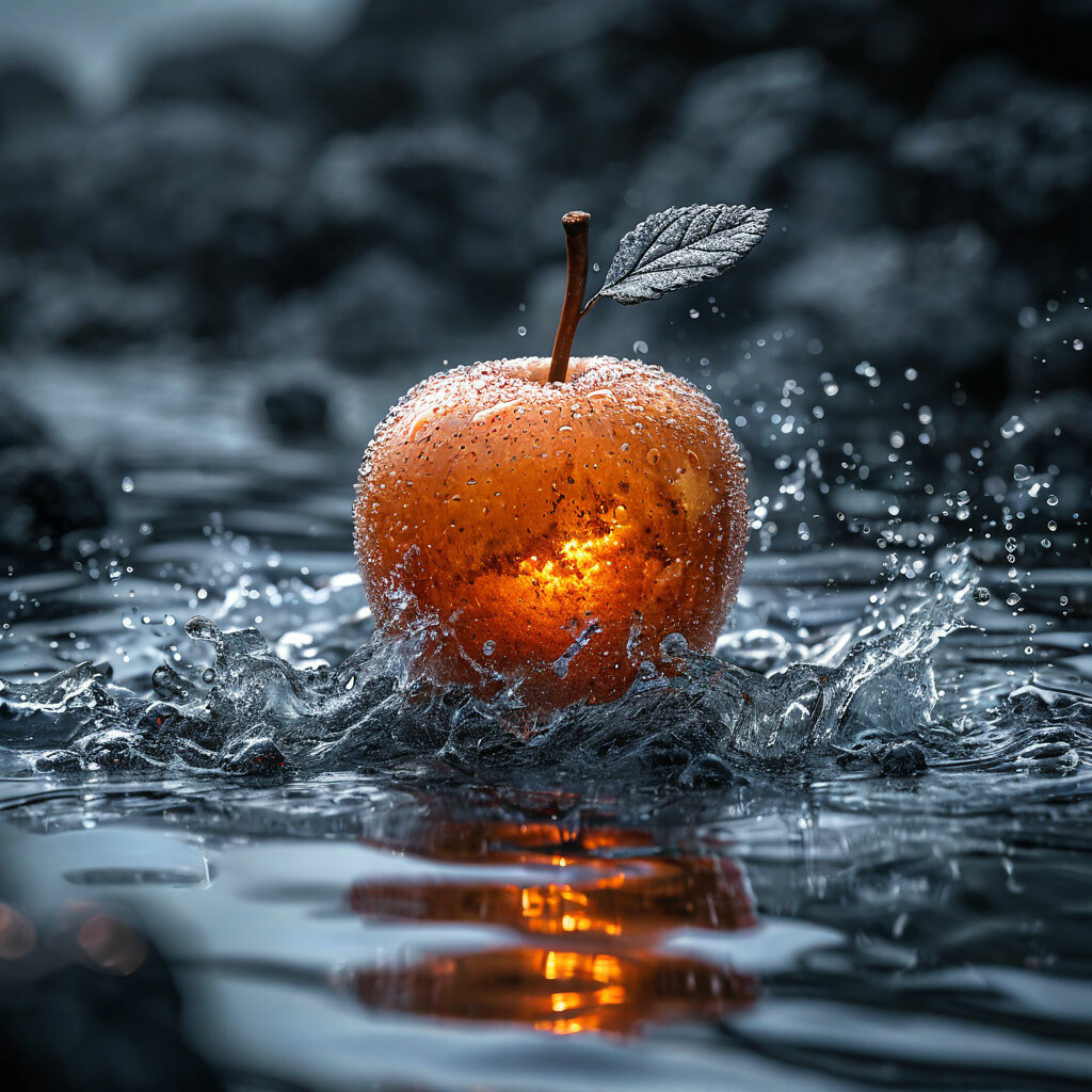 "An apple made of lava lies on the …" — image created in Shedevrum